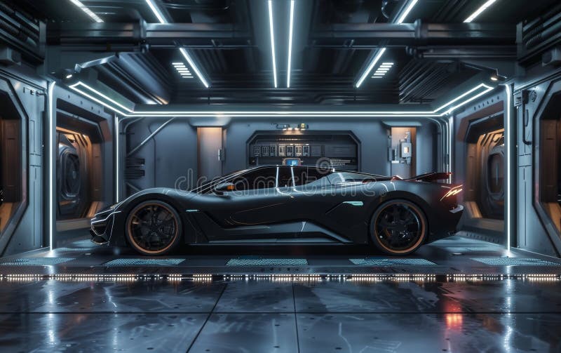 A Sleek Black Supercar is Parked in a High-tech, Illuminated Sci-fi ...