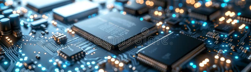 Sleek Black Surface with Illuminated Computer Chips, Advanced ...