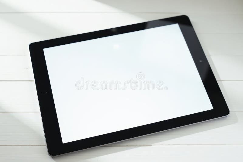 Sleek Black Tablet, Blank Screen, White Wood Backdrop , Overhead ...