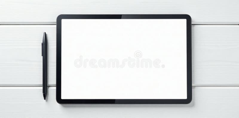 Sleek Black Tablet, Blank Screen, White Wood Grain Background ...