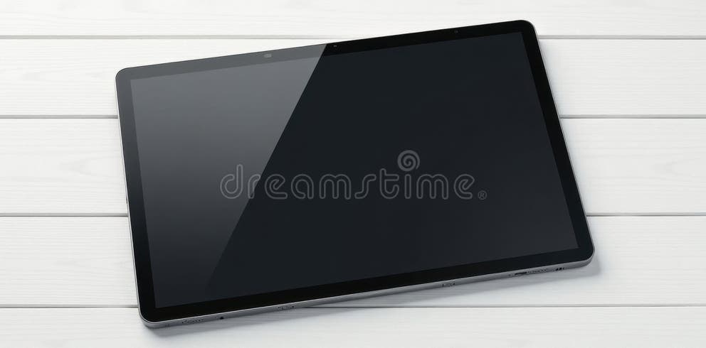 Sleek Black Tablet, Blank Screen, White Wood Grain Background , Plank ...