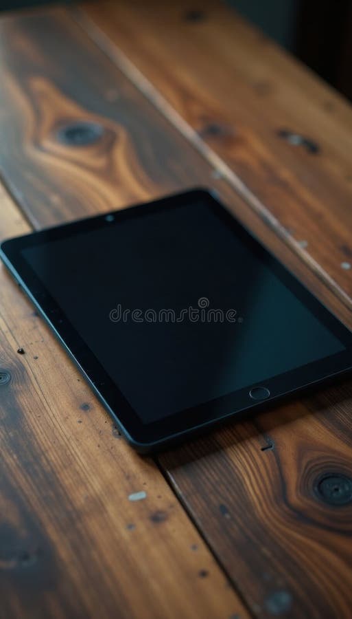 Sleek Black Tablet Rests on Aged Wood Horizontal View , Simple, Wifi ...