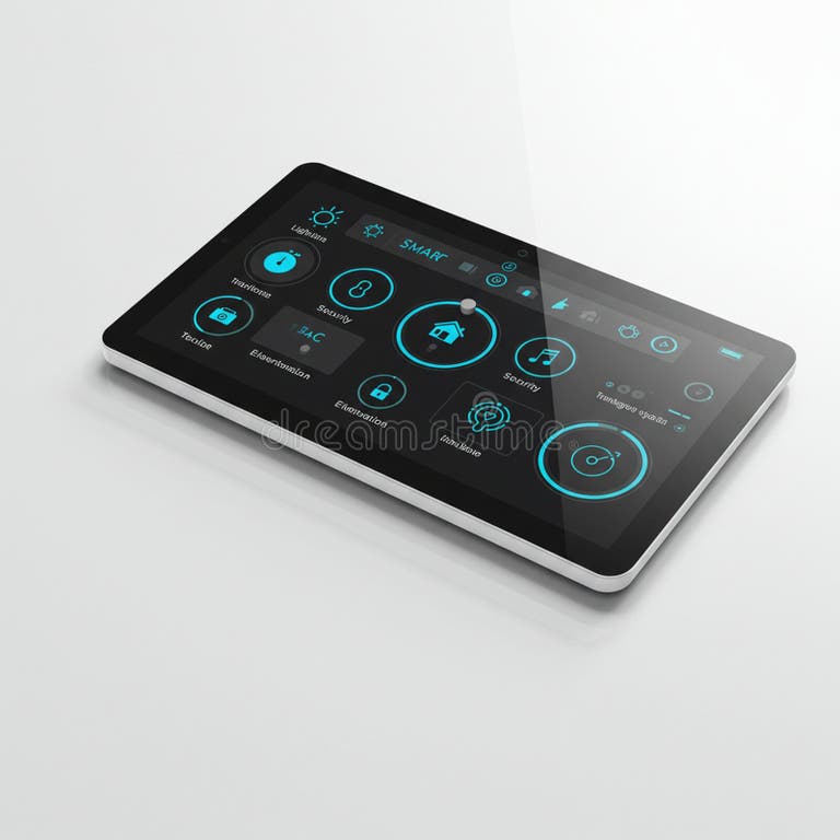 A Sleek, Black Touchscreen Control Panel Displaying a Smart Home ...