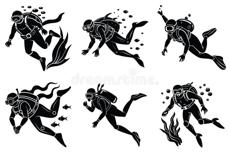 Black and White Vector Illustration of Scuba Divers Underwater with ...