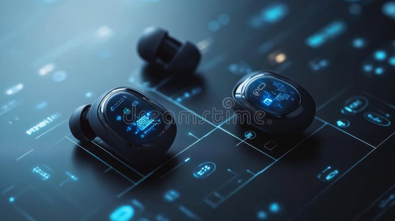 Sleek Black Wireless Earbuds on a Futuristic Circuit Board Stock ...