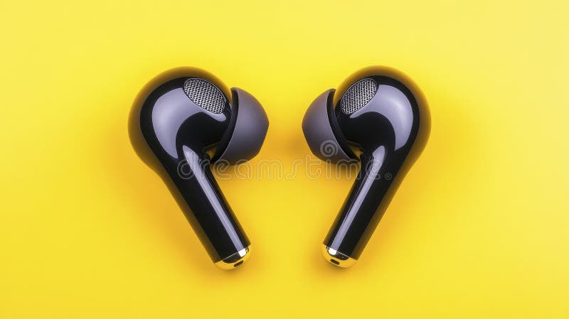 Sleek Black Wireless Earbuds on Vibrant Yellow Background Stock ...