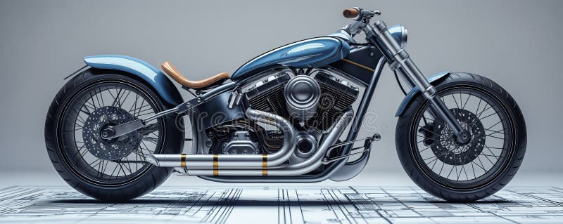 Sleek Blue Custom Motorcycle on White Grid Floor Stock Image - Image of ...