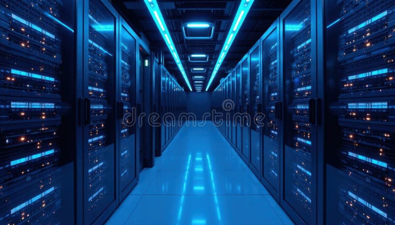 Sleek Blue Lit Server Racks in Futuristic Data Center, Data, Cables ...
