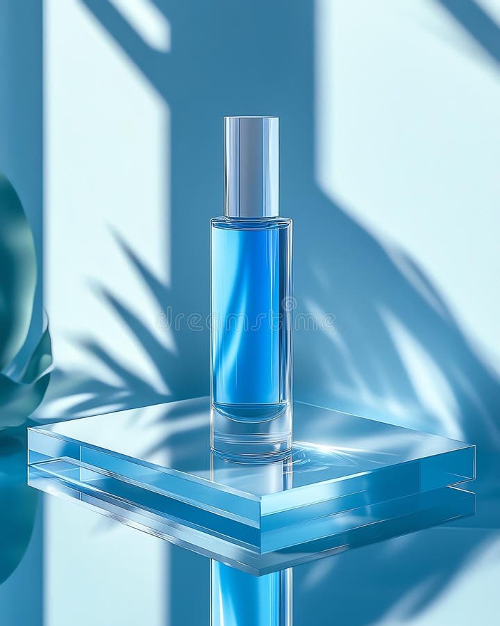 Stylish Blue Perfume Bottle on Reflective Surface with Shadows Stock ...