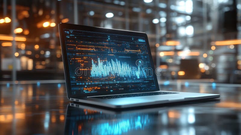 Sleek Blue-Screen Laptop on Glossy Surface: Modern Tech Innovation ...