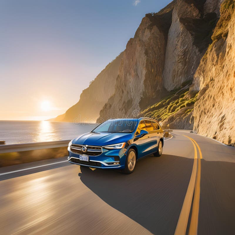 A Sleek Blue Station Wagon Speeds Along a Coastal Highway Stock Image ...