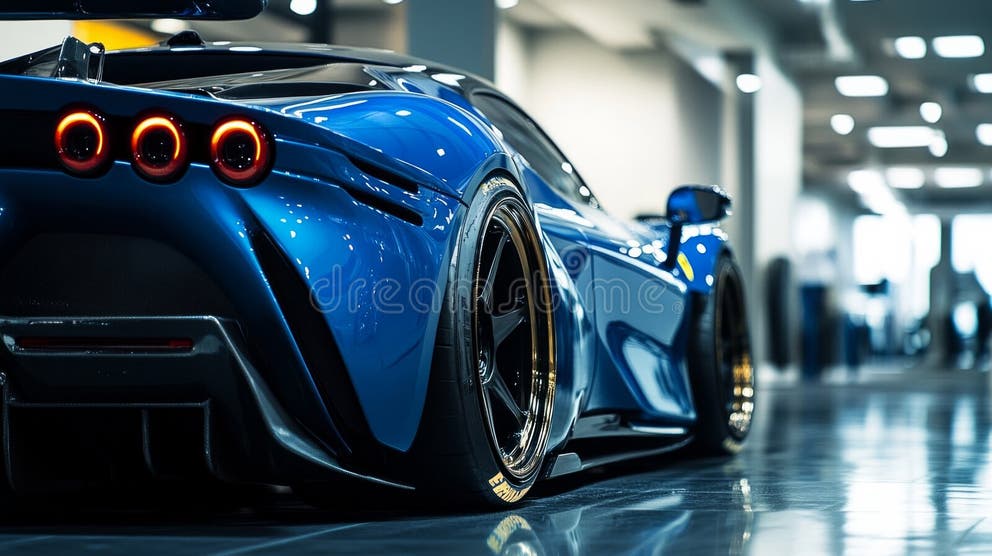Sleek Blue Supercar with Custom Wheels in Modern Garage Setting Stock ...