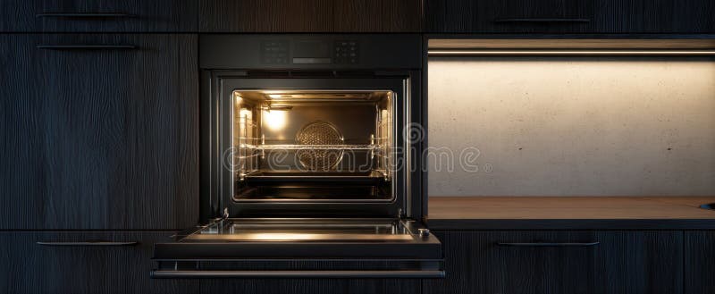 The Sleek Built-in Oven Illuminated in a Modern Kitchen Setting..AI ...