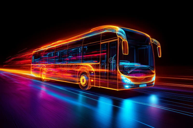 Neon-lit Passenger Bus Speeding through the Night with Vibrant Lines ...