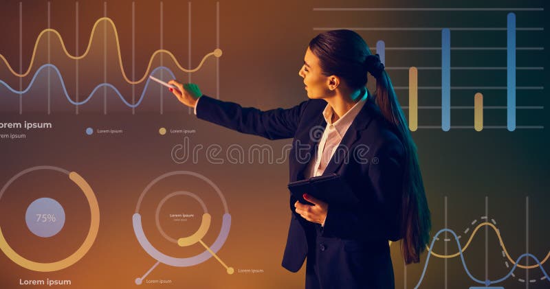 Sleek Businesswoman Explains Advanced Data Concepts with Glowing ...