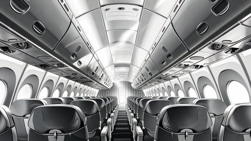 Sleek Cabin Interior Featuring Rows of Black Seats and Spacious ...