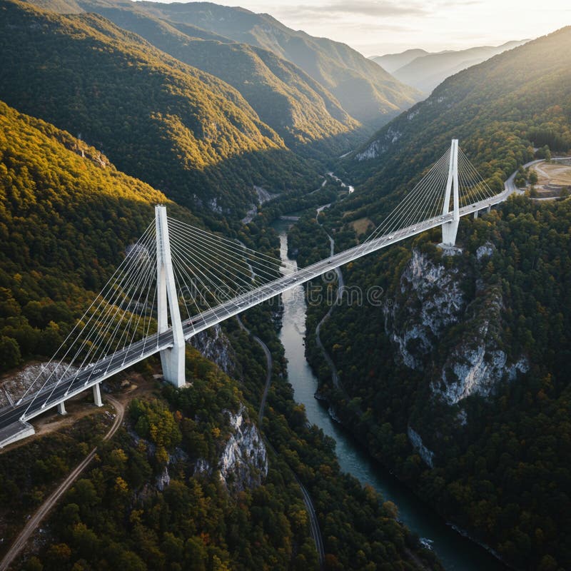 A Sleek, Cable-stayed Bridge Spans a Deep Mountain Gorge, with a River ...