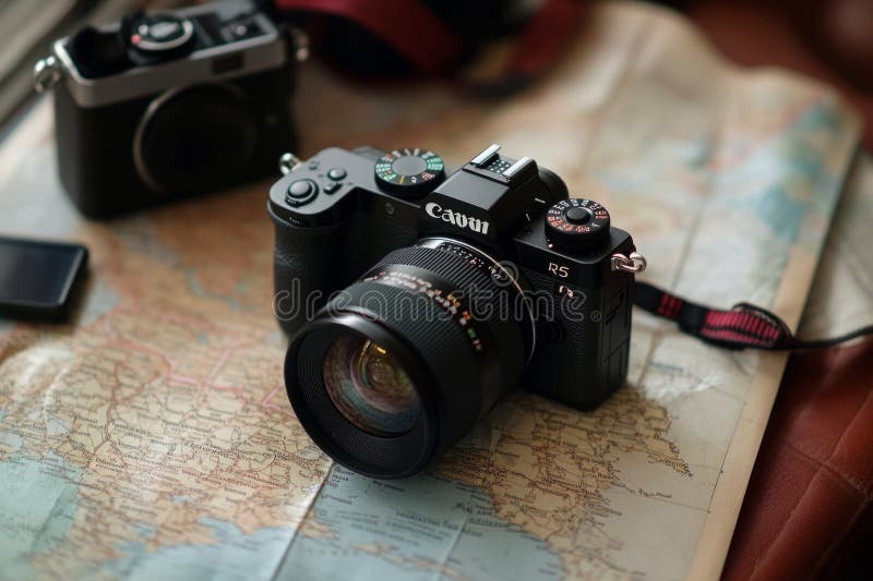 A Sleek Canon Camera Rests on an Old Map, Capturing the Essence of ...