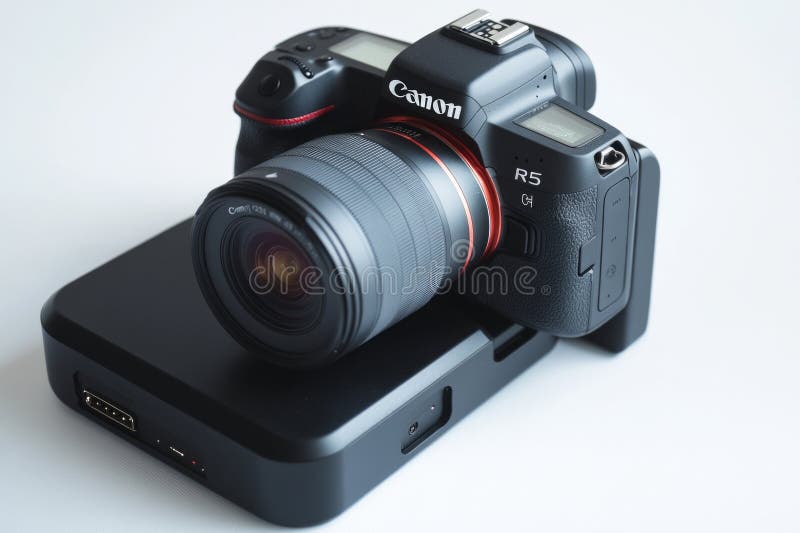 A Sleek Canon EOS R5 Camera Rests Elegantly on a Stylish Base. this ...