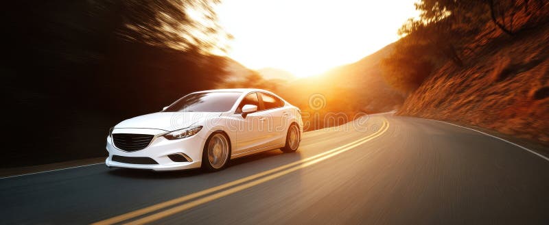 The Sleek Car Cruising Down a Winding Road during a Breathtaking Sunset ...