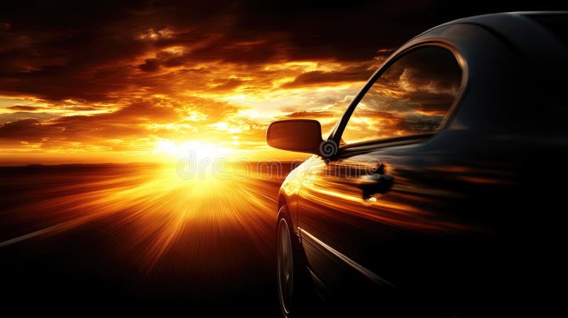 Sleek Car Driving on Open Road at Vibrant Sunset with Dramatic Sky and ...