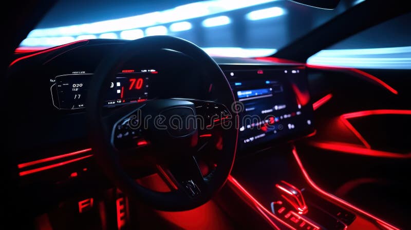 Interior Design of a Modern Car with Vibrant Red Ambient Lighting ...