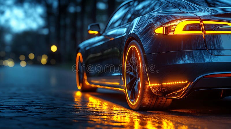 Sleek Car Parked at Night with Glowing Lights on the Wheels Reflecting ...