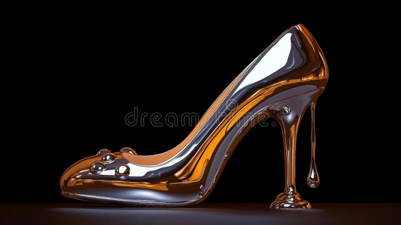A Sleek Chrome-colored High Heel Shoe with a Drippy Liquid-like Surface ...