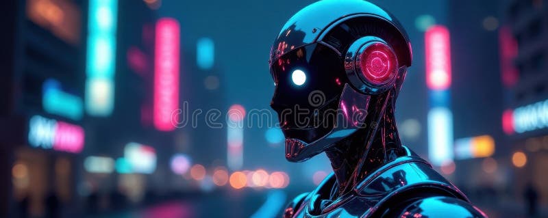 Sleek Chrome Robot, Glowing Eyes, Neon City Backdrop, Cyberpunk ...