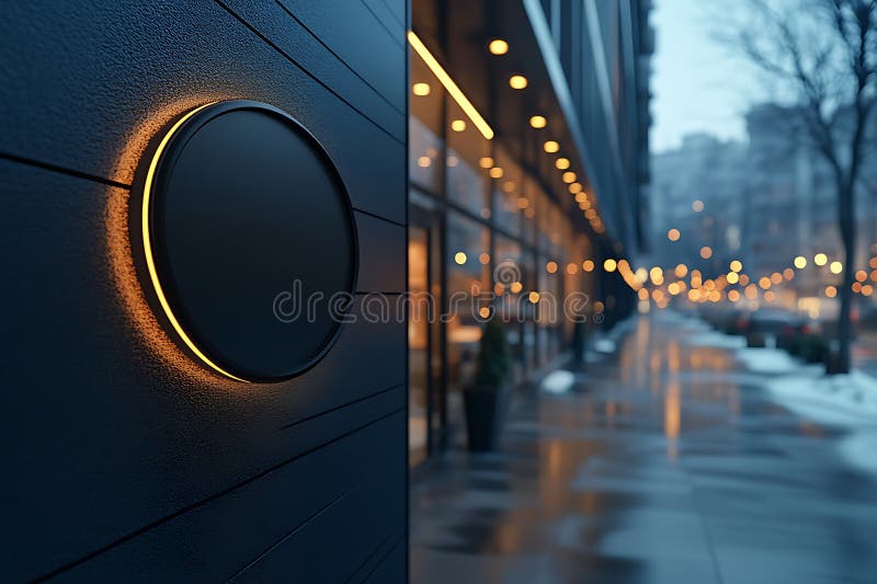 Modern Illuminated Round Sign Mockup on Dark Building Exterior at Night ...