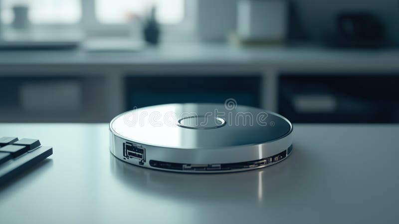 A Sleek, Circular Silver Device Rests on a Light-colored Desk, Possibly ...