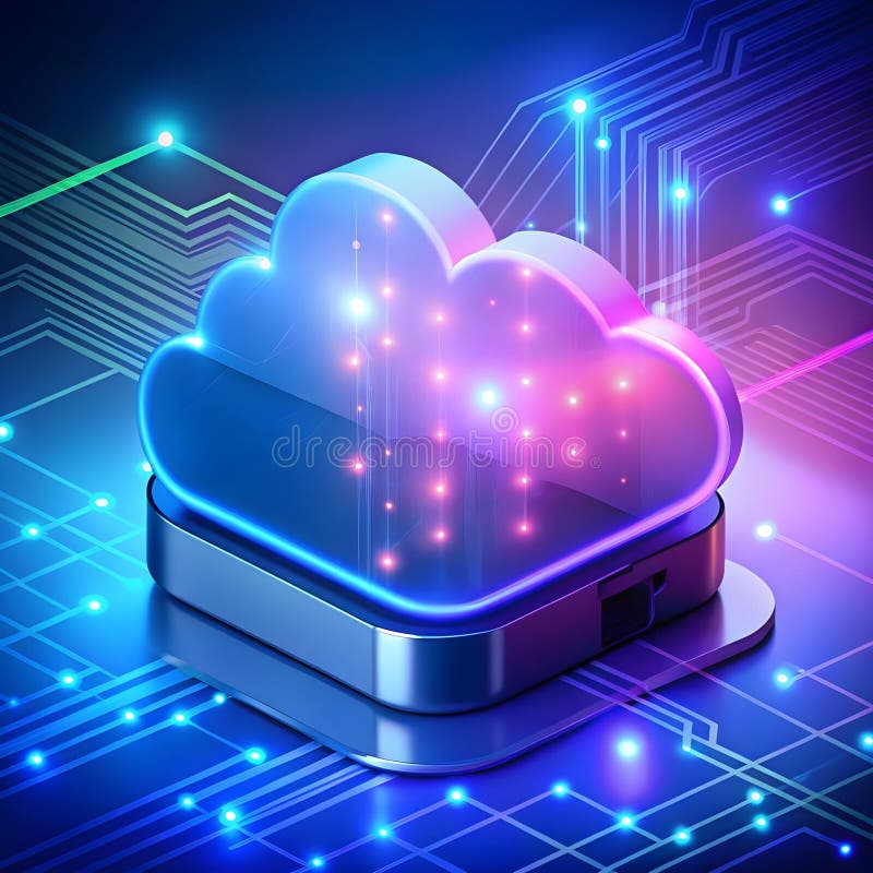 A Cloud Computing Device with a Blue Background and Lights Stock Illustration - Illustration of ...