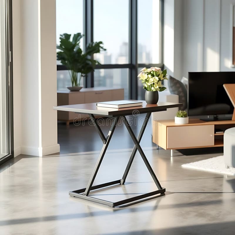 A Sleek Compact Folding Table with Adjustable Height in a Modern Stylish Apartment with Polished ...