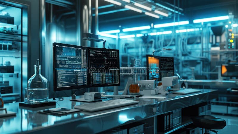 A Sleek Computer Sits on a Desk in a Futuristic Lab Space Stock Photo ...