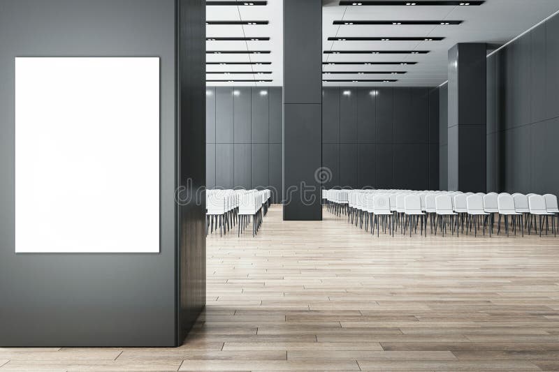 Sleek Conference Hall Interior with White Seating and Poster Display ...