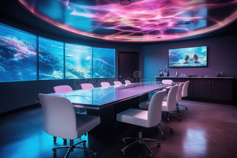 Sleek Conference Room with Holographic Screen Stock Illustration ...