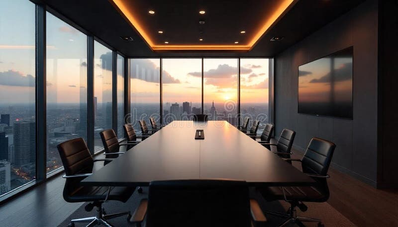 Modern Conference Room with City View at Sunset Stock Illustration ...