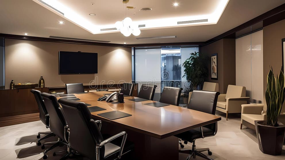 Sleek Conference Table, High-tech Presentation Equipment and Modern ...