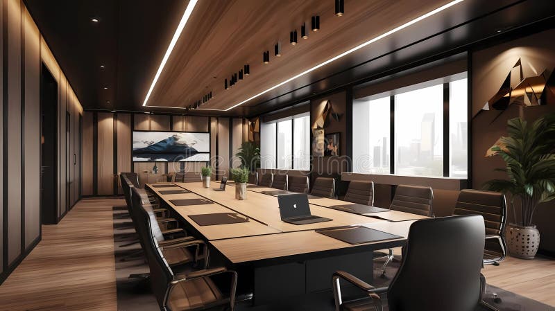 Sleek Conference Table, High-tech Presentation Equipment and Modern ...
