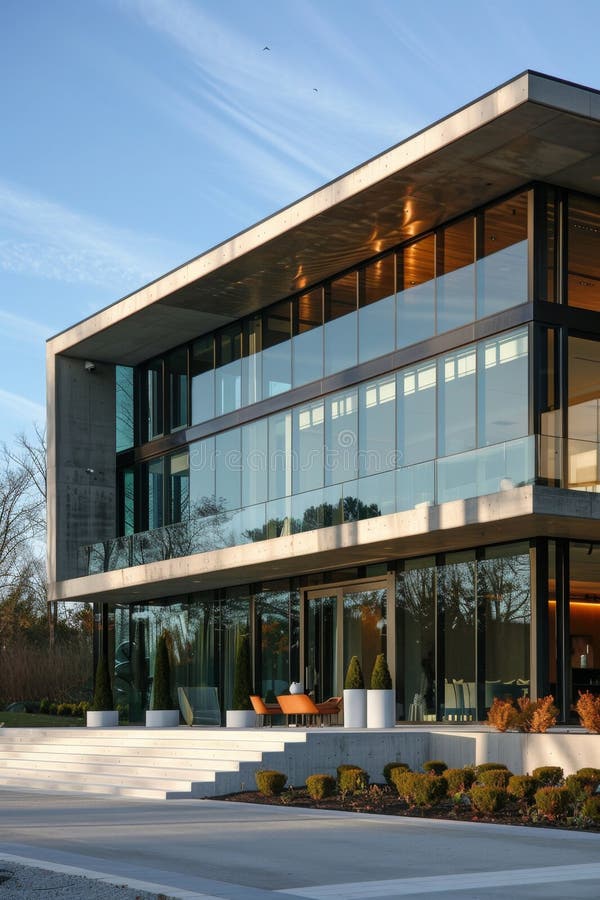 Sleek Contemporary Building with Large Glass Windows and Raw Concrete ...