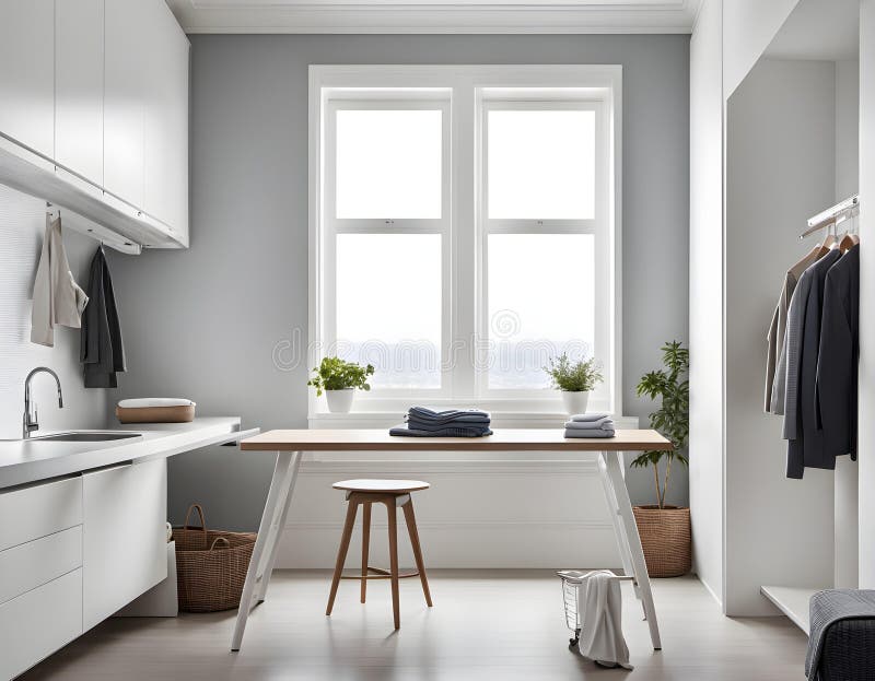 A Sleek, Contemporary Laundry Room with an Ironing Board Elegantly Set ...
