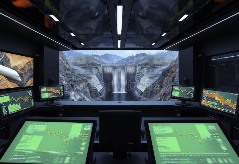 Sleek Control Room Overlooking Hydroelectric Dam, Glowing Screens ...