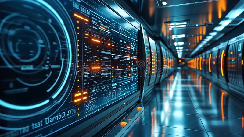 High-tech Corridor with Interactive Displays and Glowing Panels in ...