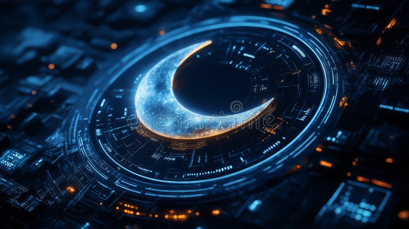 A Crescent Moon Integrated into a Digital Clock Interface with a Modern ...