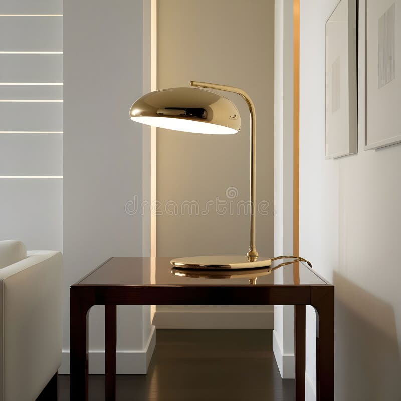 A Sleek Curved Gold Desk Lamp with a Slender Stock Illustration ...