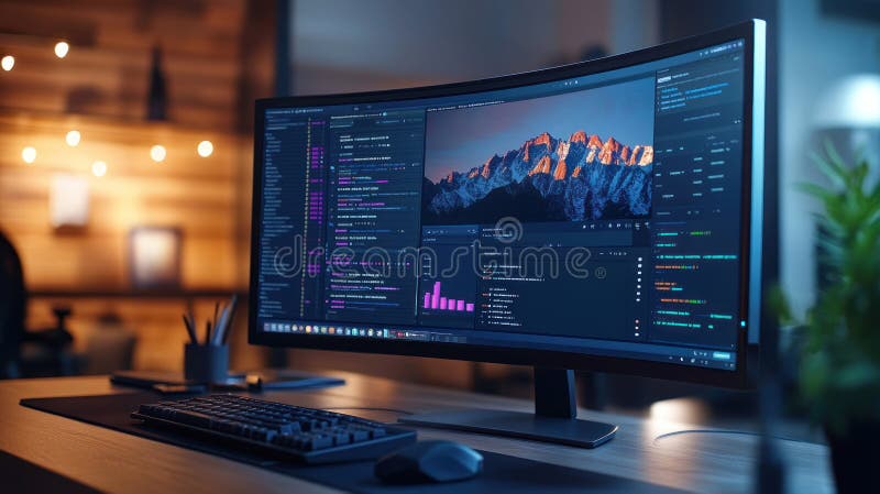 A Sleek Curved Monitor Displays Vibrant Data Visualizations And Coding Interfaces Creating An