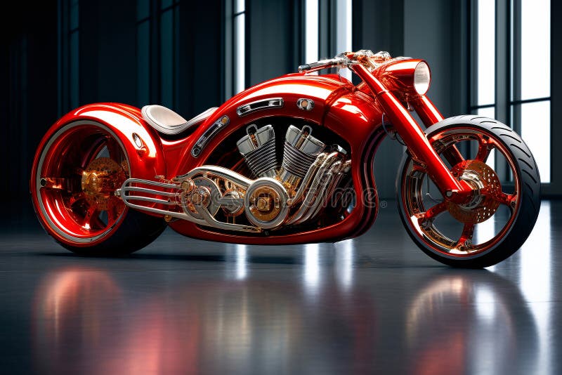 Sleek Custom Motorcycle in a Studio, Showcasing a Shiny Red and Chrome ...