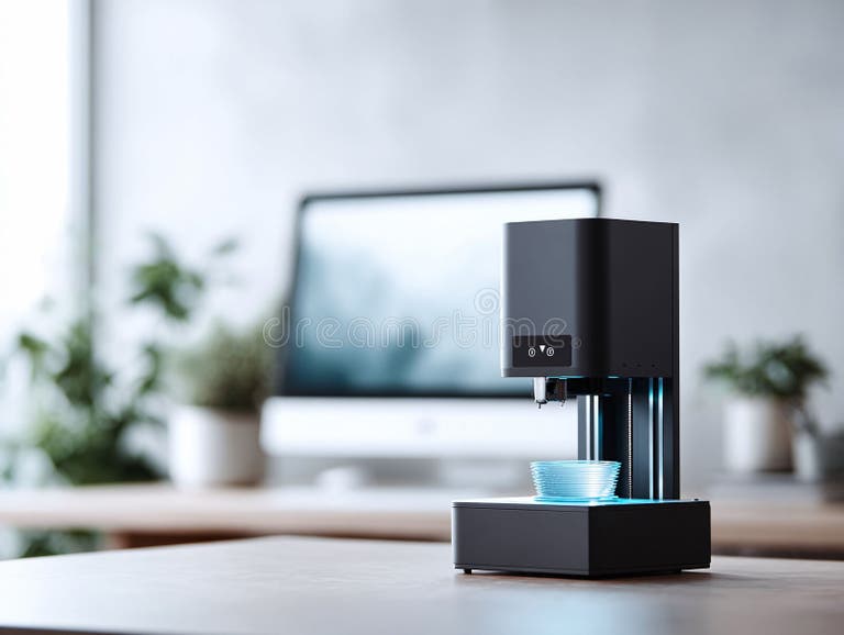 Sleek 3D Printer on Desk, Illuminated with Soft Blue Light. Modern ...