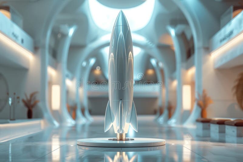 Sleek 3D Rocket Model in a Futuristic Museum Exhibit Stock Photo ...