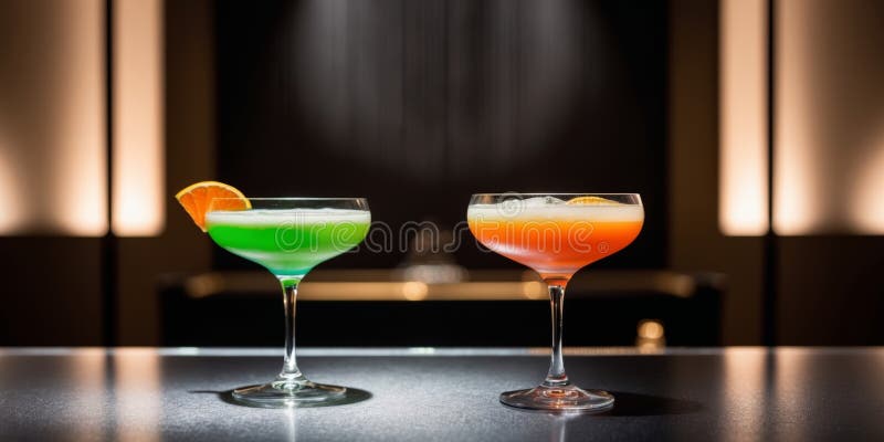 Sleek Dark Bar Counter with Drinks and Ambient Lighting. Stock Image ...